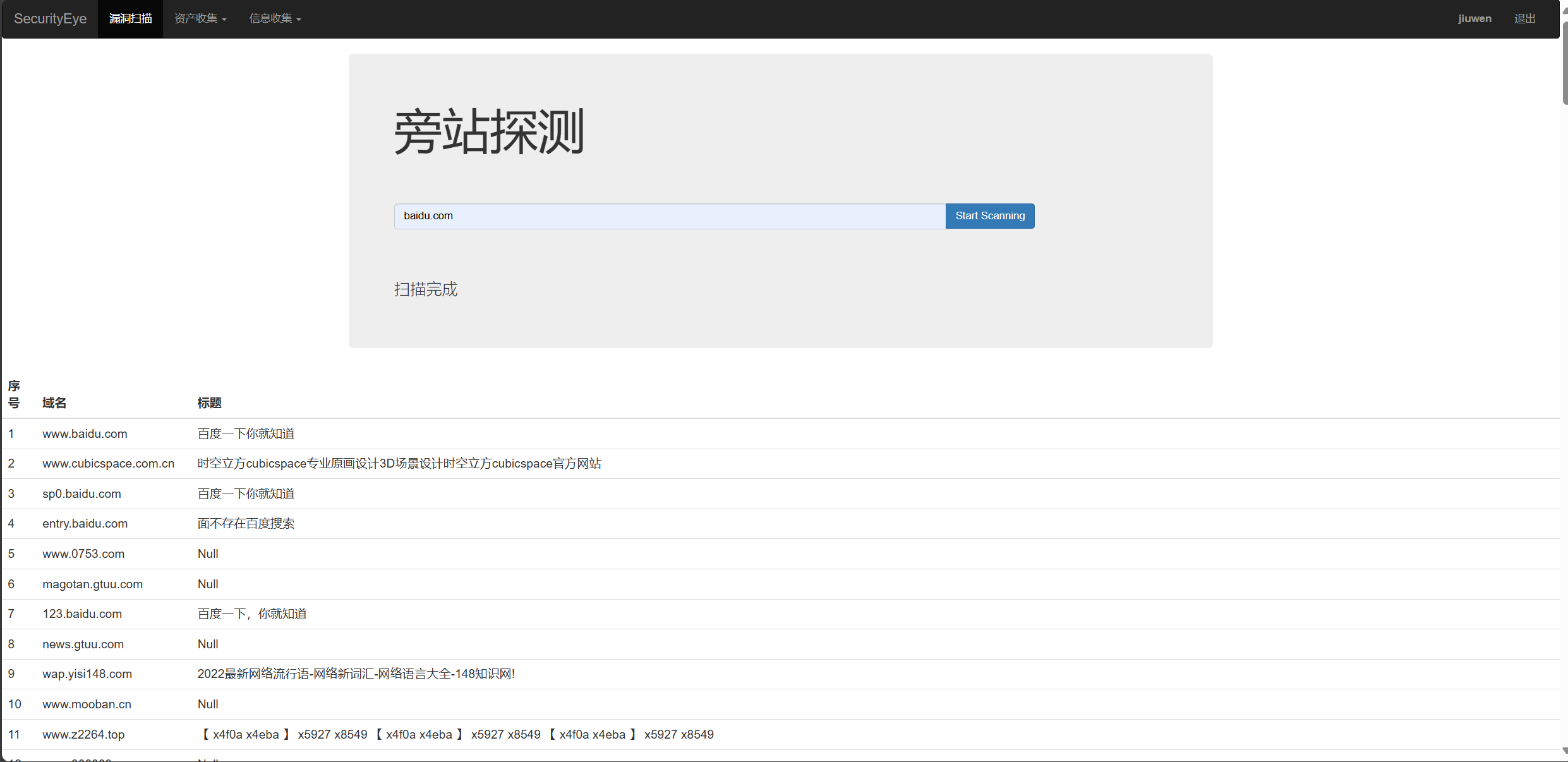 Securityeye 一款基于 Python Django 的多功能 Web 应用渗透测试系统,包含漏洞检测、目录识别、端口扫描、指纹识别
